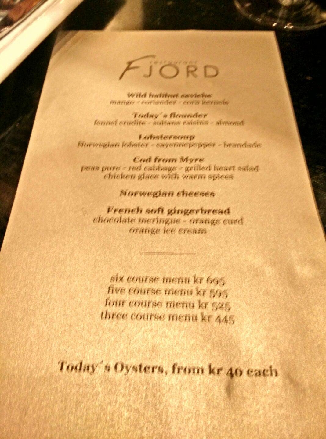 Menu at Restaurant Fjord, Oslo, Kristian Augusts gate 11