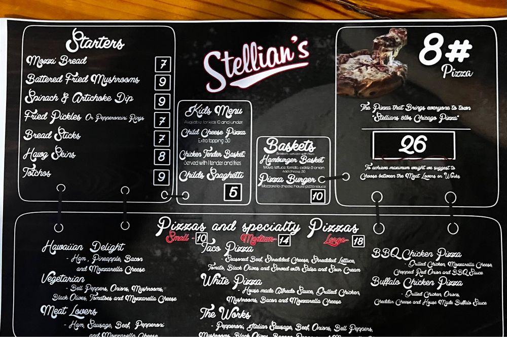 Menu at Stellian's restaurant, Central City