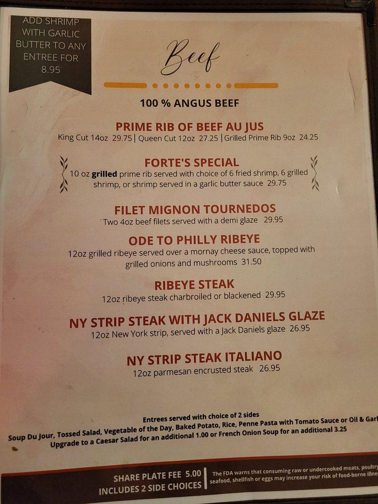 Menu at Forte's on the Square steakhouse, Crossville