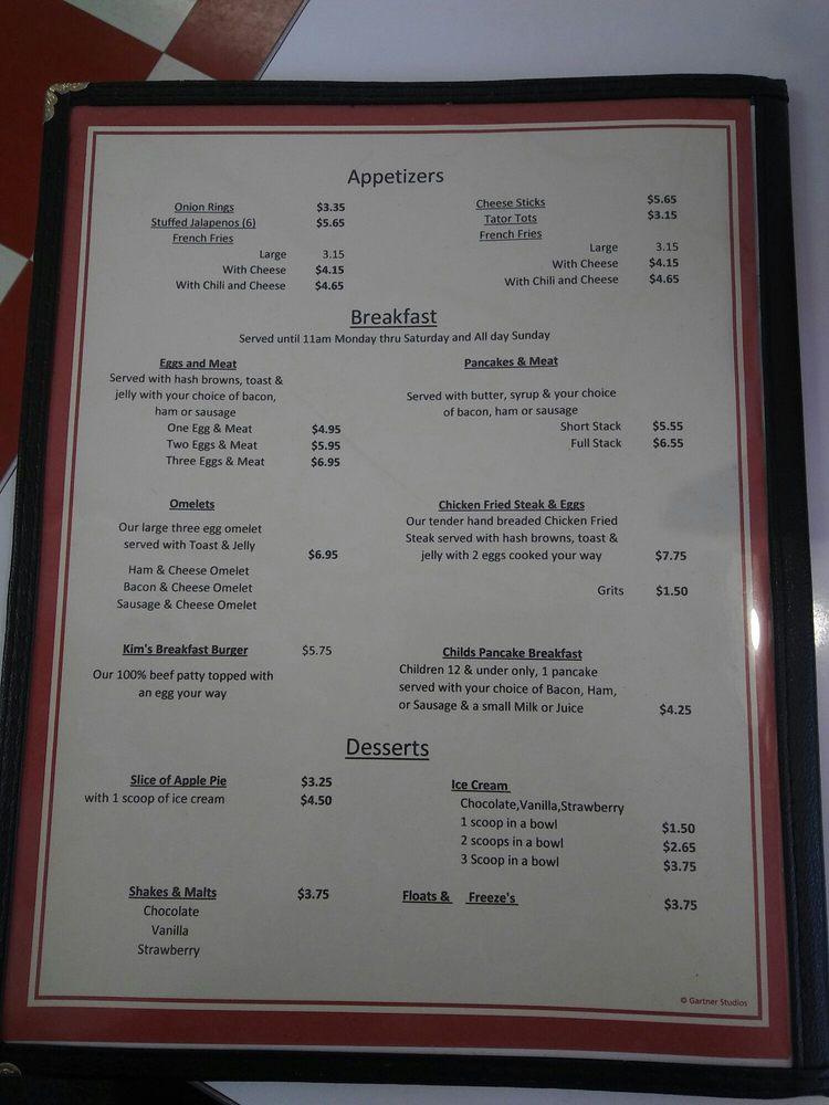 Menu at Kim's Diner cafe, Waco