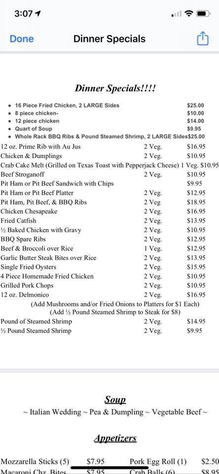 Menu at Mom -n- Pop's restaurant, Hurlock