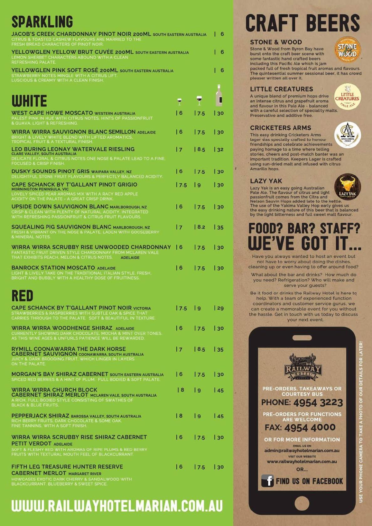 Menu at Railway Hotel Marian pub & bar, Marian