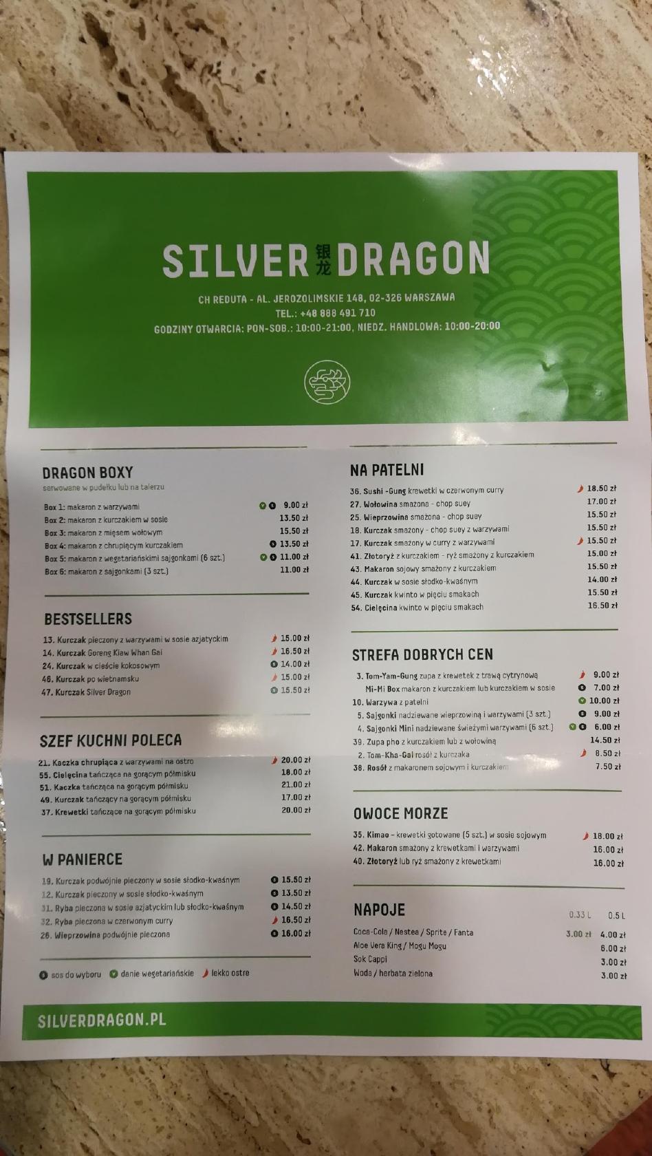 Menu at Silver Dragon restaurant, Warsaw, al. Jerozolimskie 148