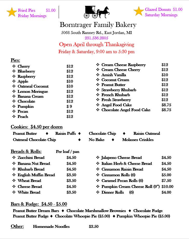 Menu at Borntrager Family Bakery, East Jordan