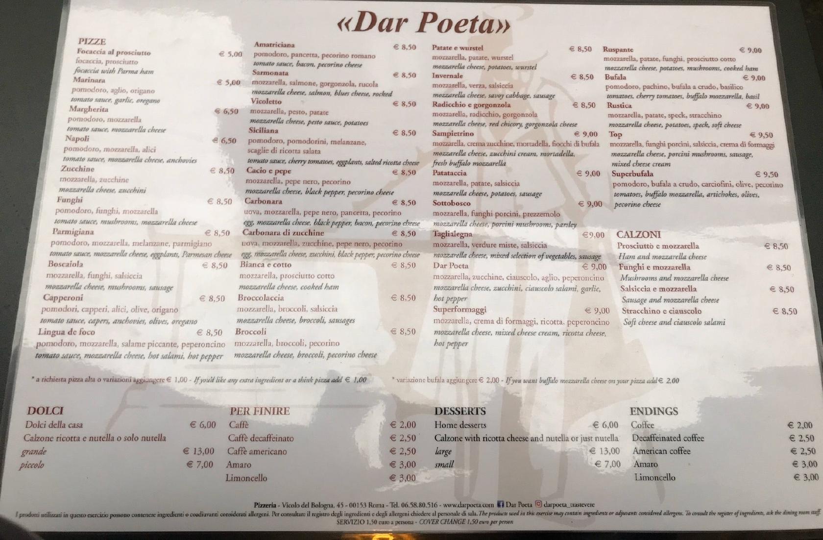 Menu at Pizzeria Dar Poeta, Rome, Vicolo del Bologna
