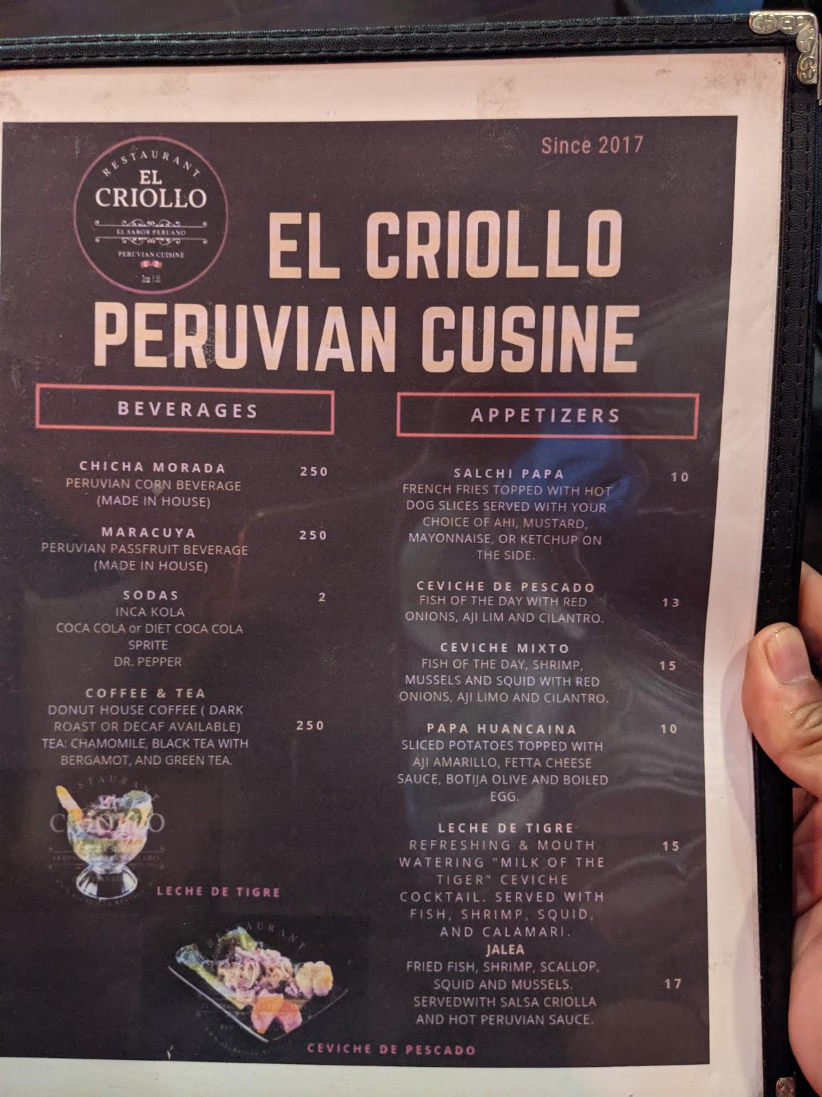 Menu at EL Criollo Peruvian Cuisine restaurant, City of Industry