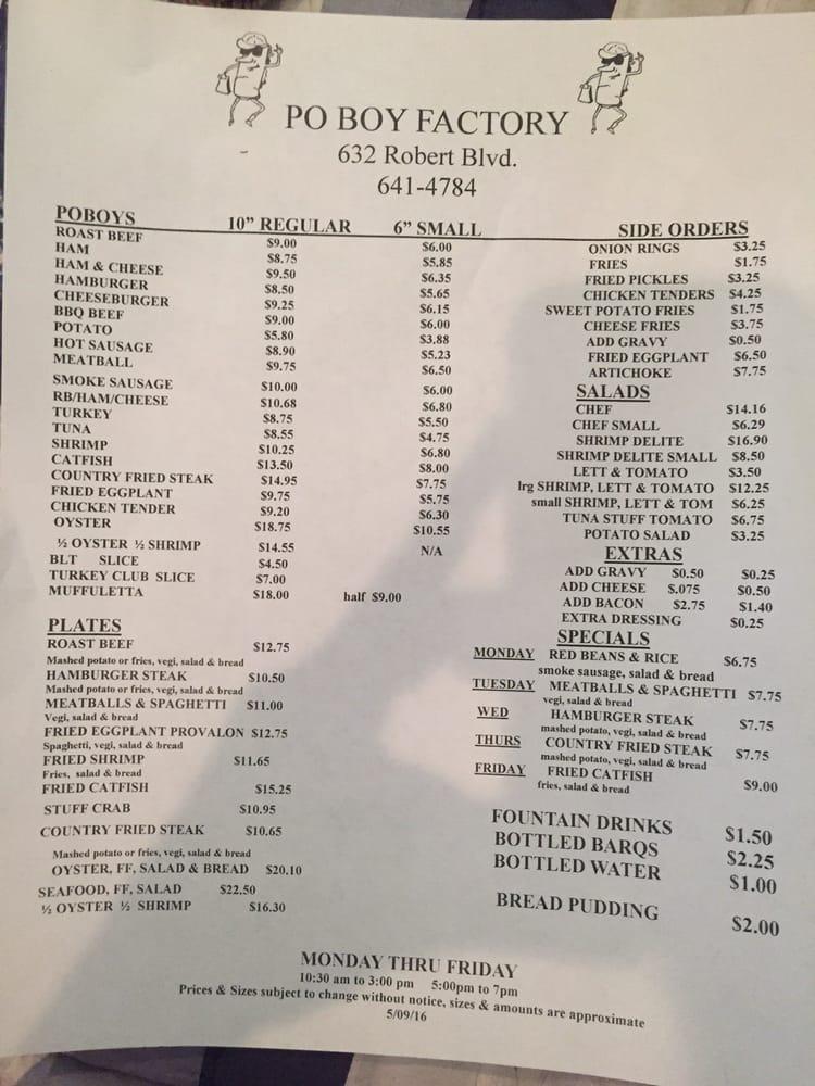 Menu at Southern Boys Po-Boy Factory restaurant, Slidell
