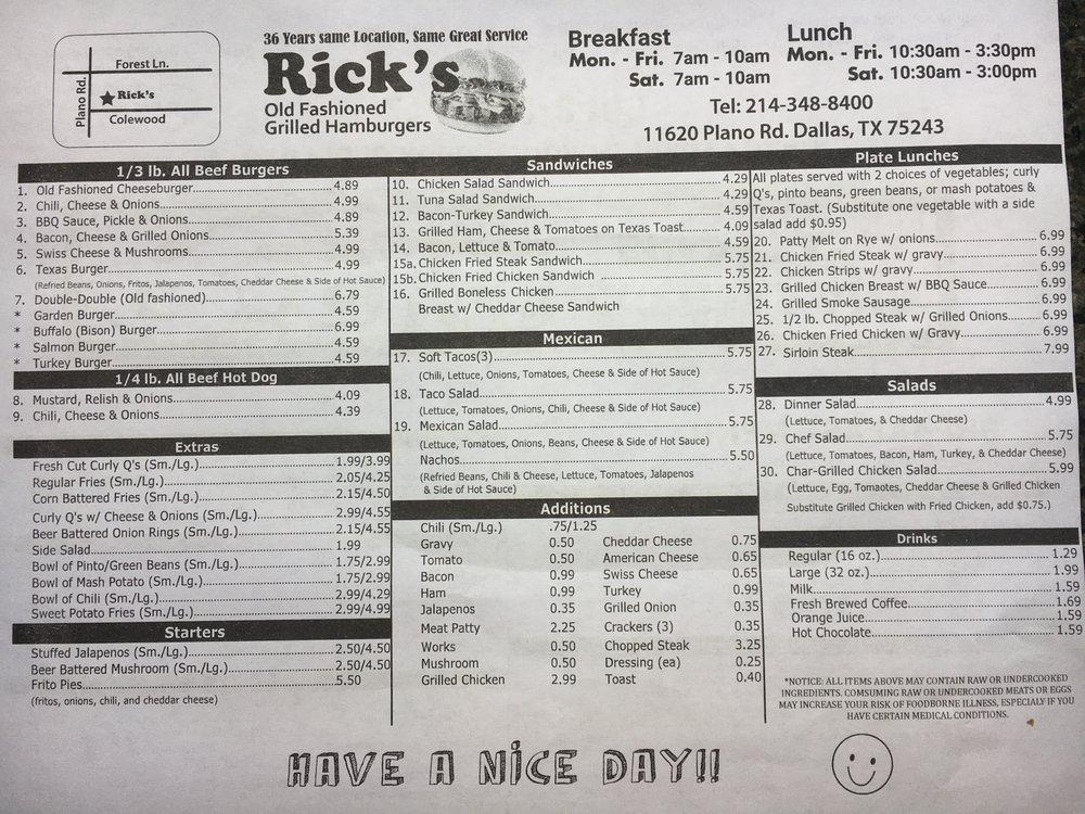 Menu at Rick's Old Fashioned Burgers restaurant, Dallas
