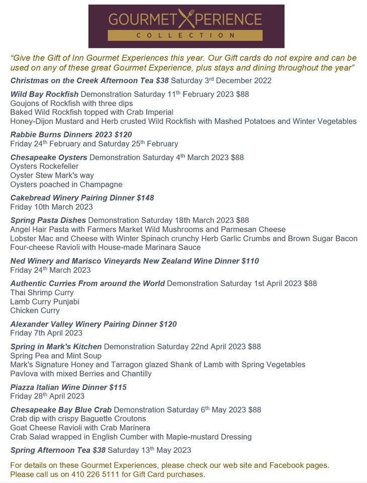 Menu at Robert Morris Inn restaurant, Oxford