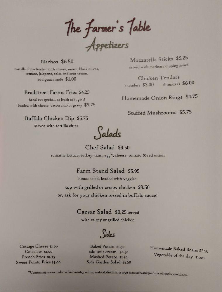 Menu at The Farmer's Table restaurant, Corinna