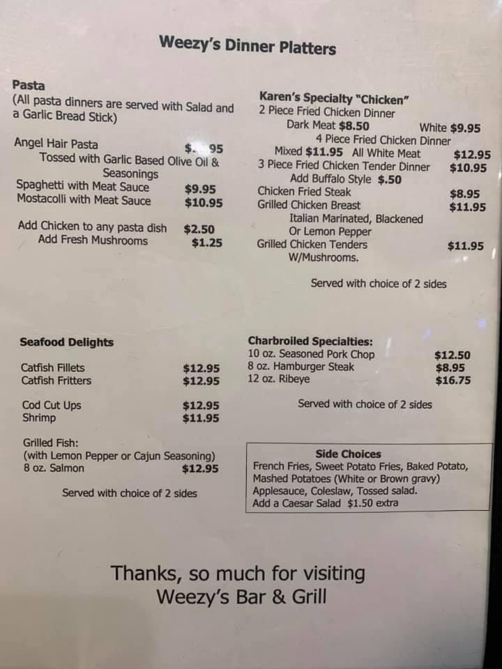 Menu at Weezy's pub & bar, Hamel