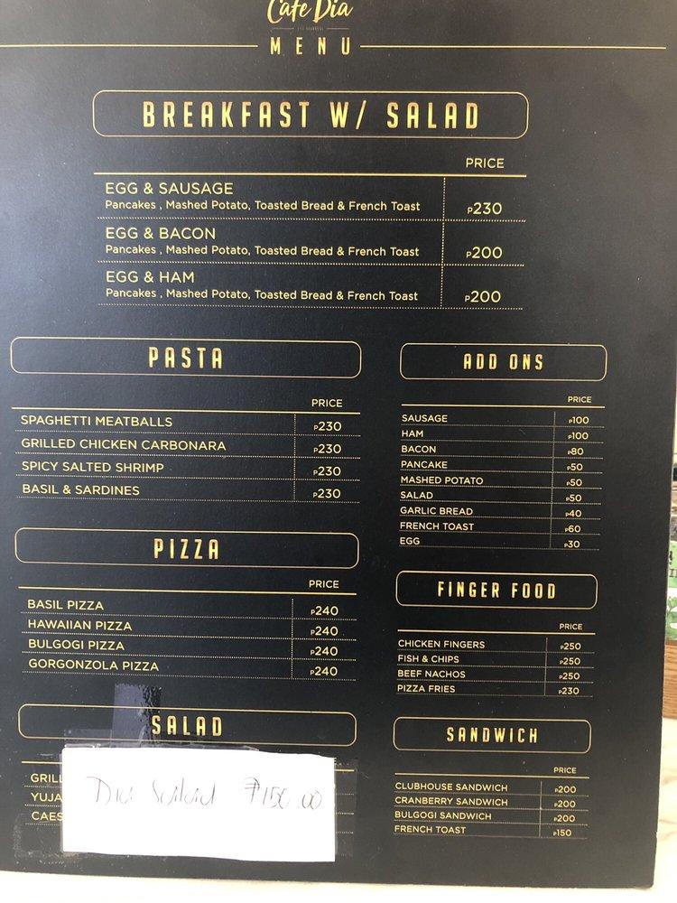 Menu at Cafe Dia, Angeles, Friendship Highway