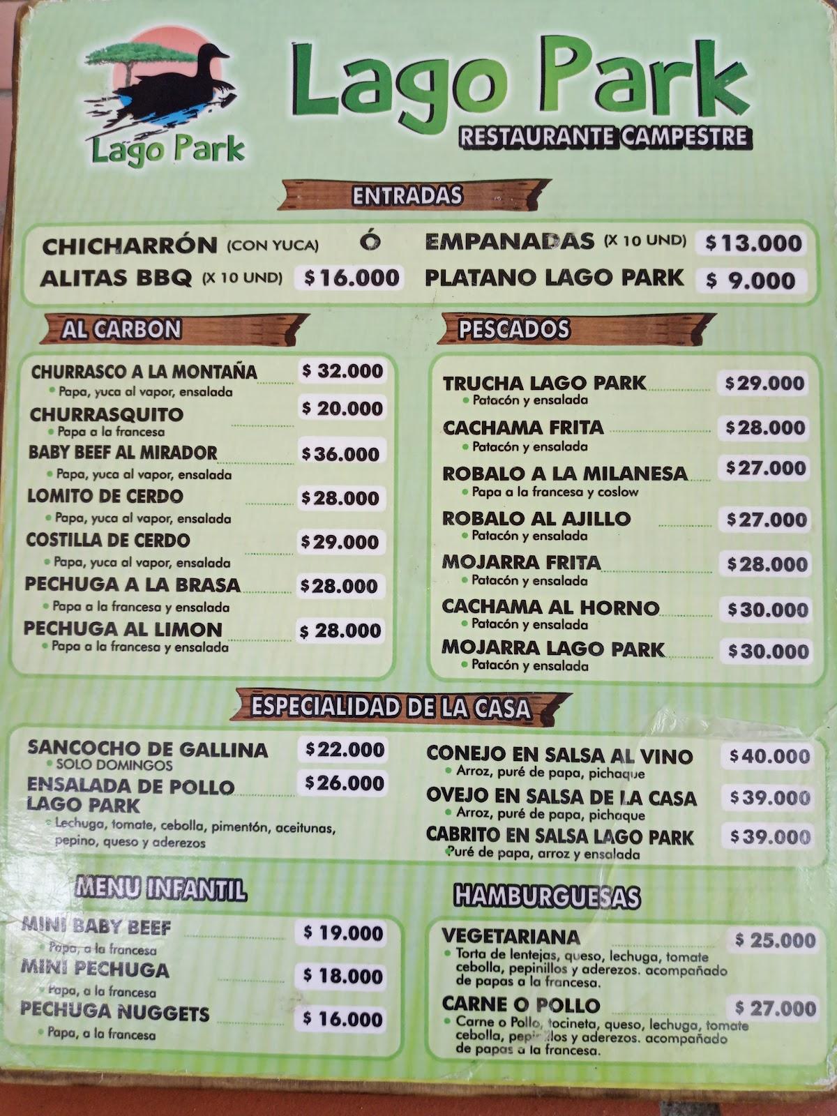Menu at Lago Park restaurant, Los Patios, Km 15