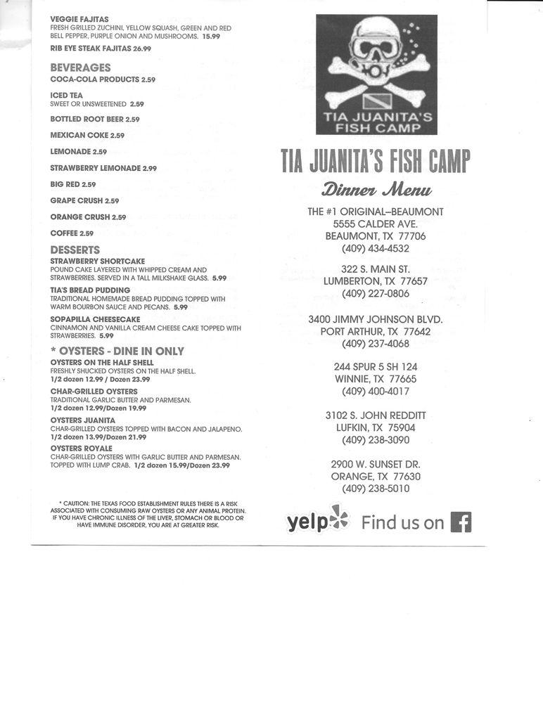 Carta del restaurante Tia Juanita's Fish Camp Winnie, Winnie