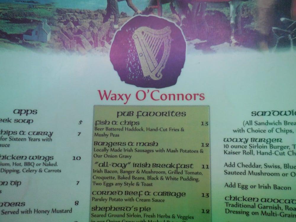 Menu at Waxy's Irish Pub, Fort Lauderdale