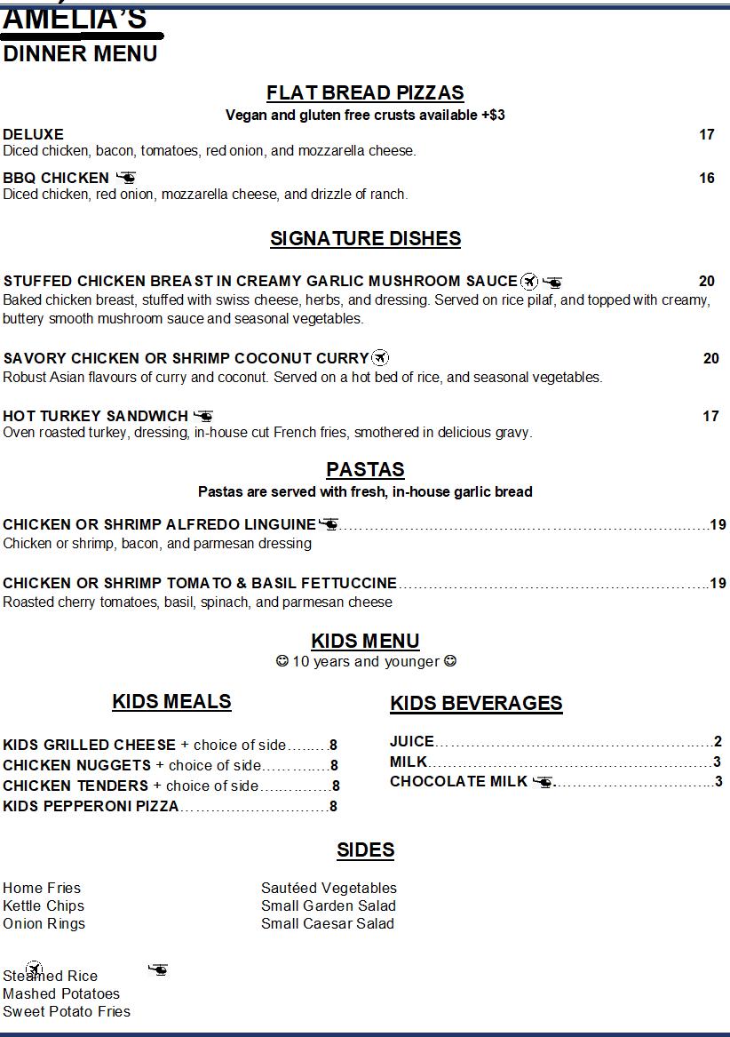 Menu at Amélia's Restaurant & Lounge, St. John's