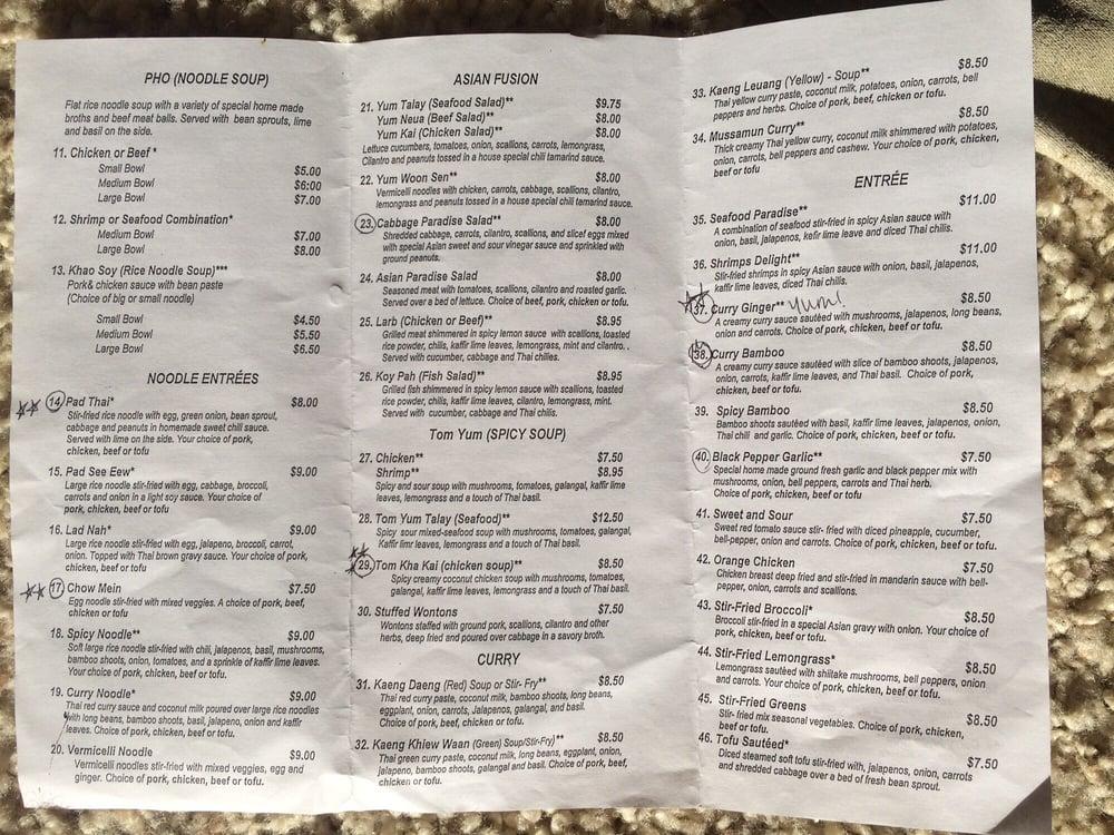 Menu at Asian Paradise Restaurant, Farmersville
