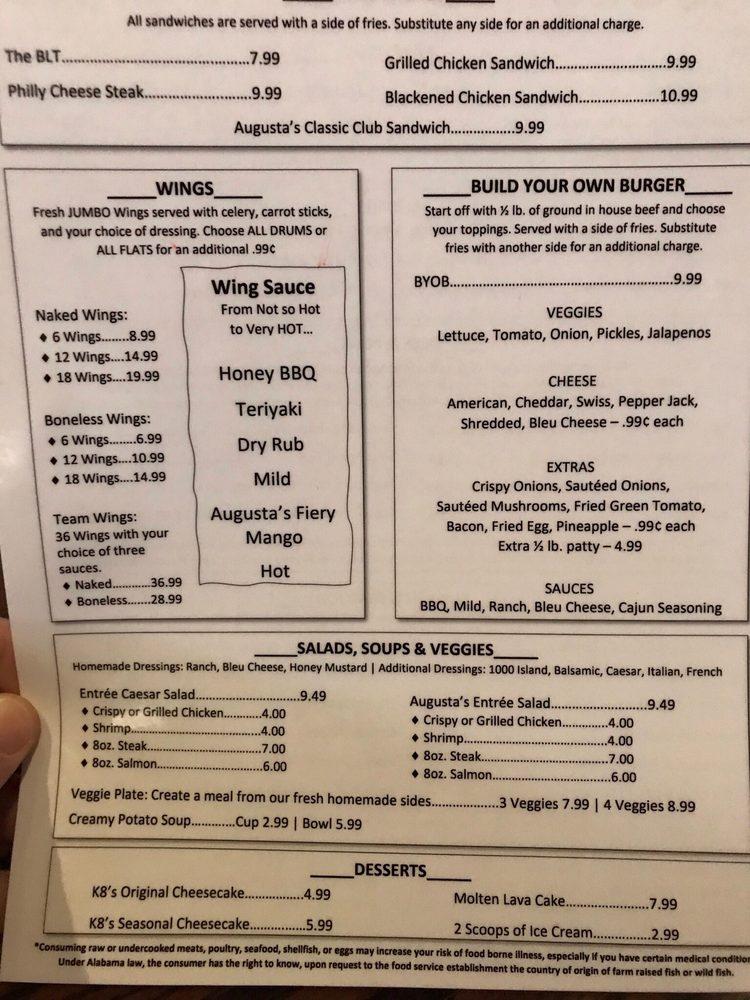 Menu at Augusta's Sports Grill pub & bar, Cullman
