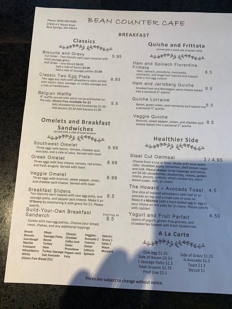 Menu at Bean Counter Cafe, Blue Springs, A E Wyatt Rd