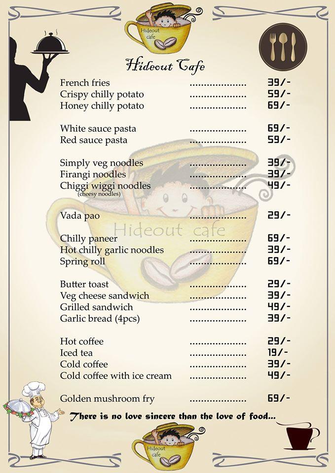 Menu at Hide Out, Hyderabad, Madhapur