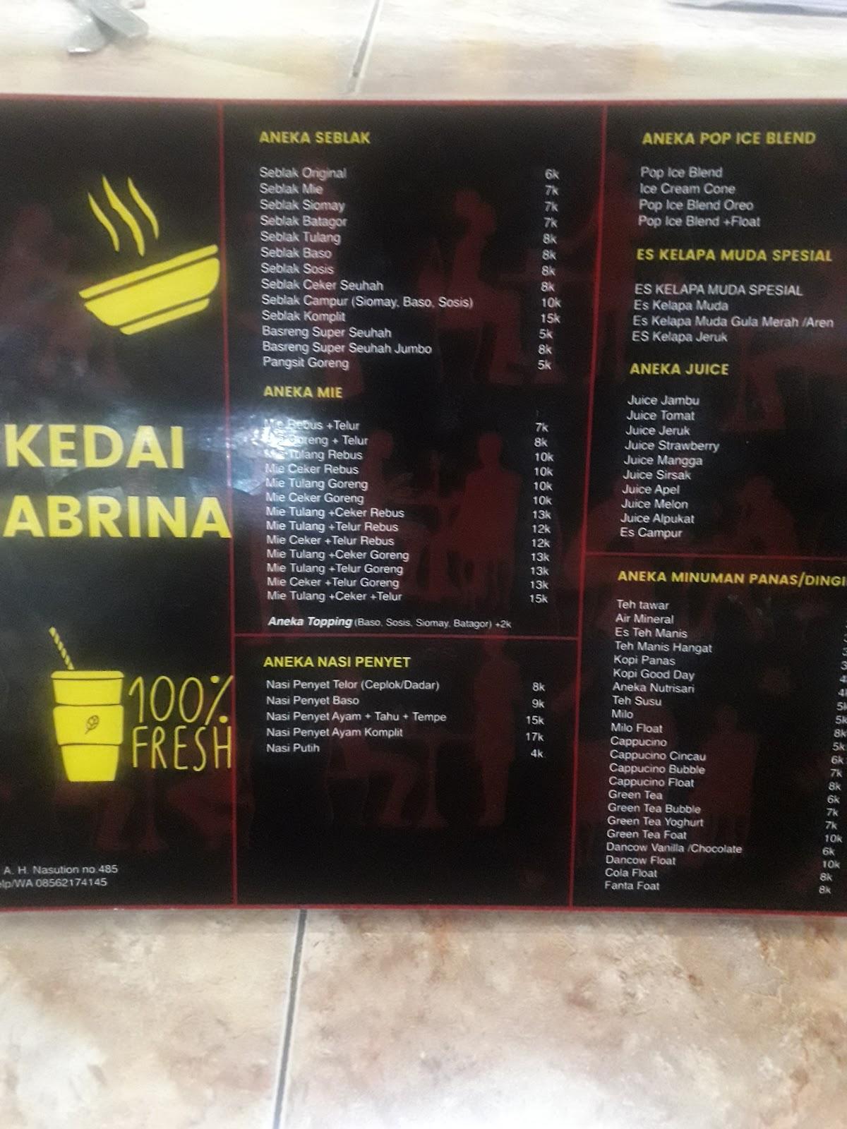 Menu at Kedai Sabrina cafe, Bandung