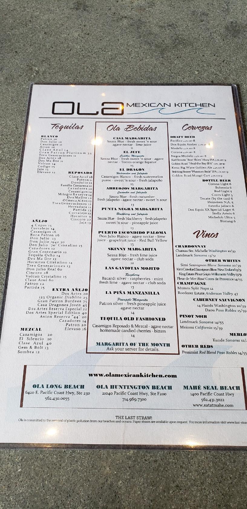 Menu at Ola Mexican Kitchen restaurant, Long Beach