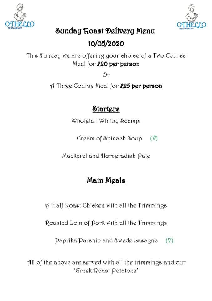 Menu at Othello restaurant, Grimsby