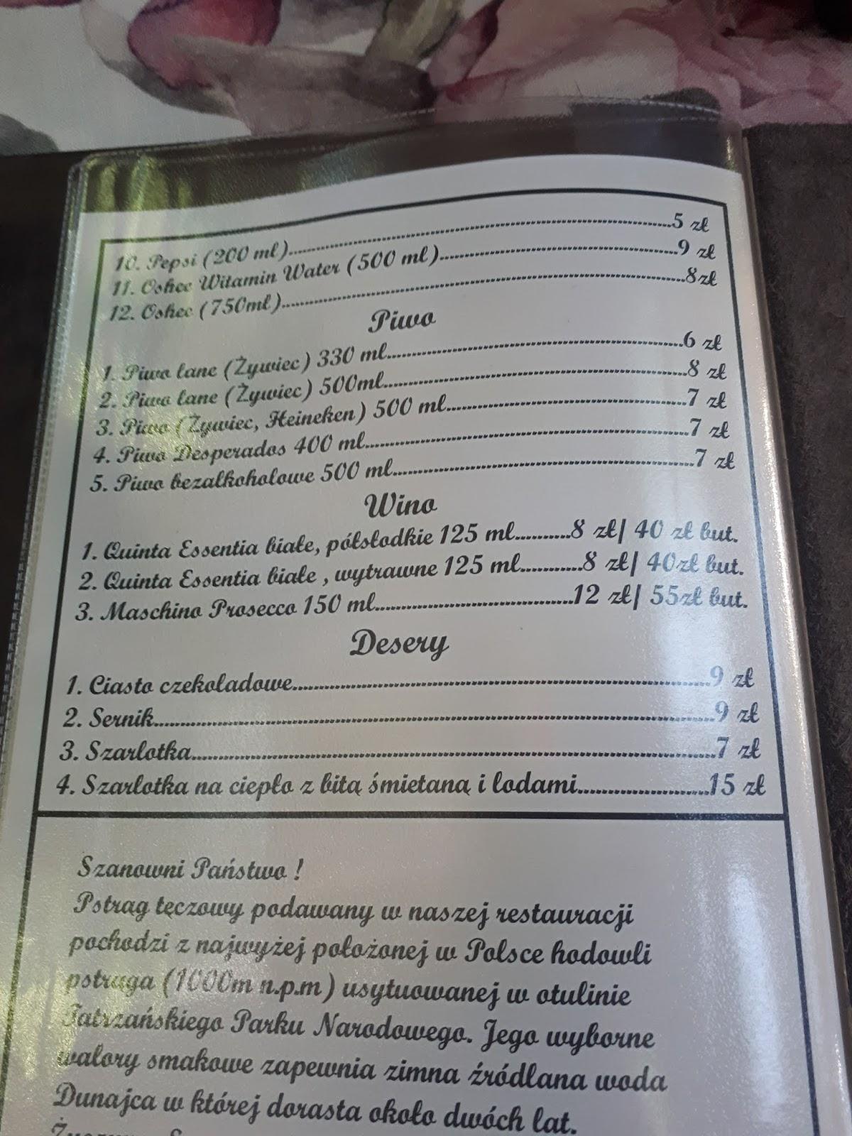 Menu at Restauracja Weranda restaurant, Szczawnica
