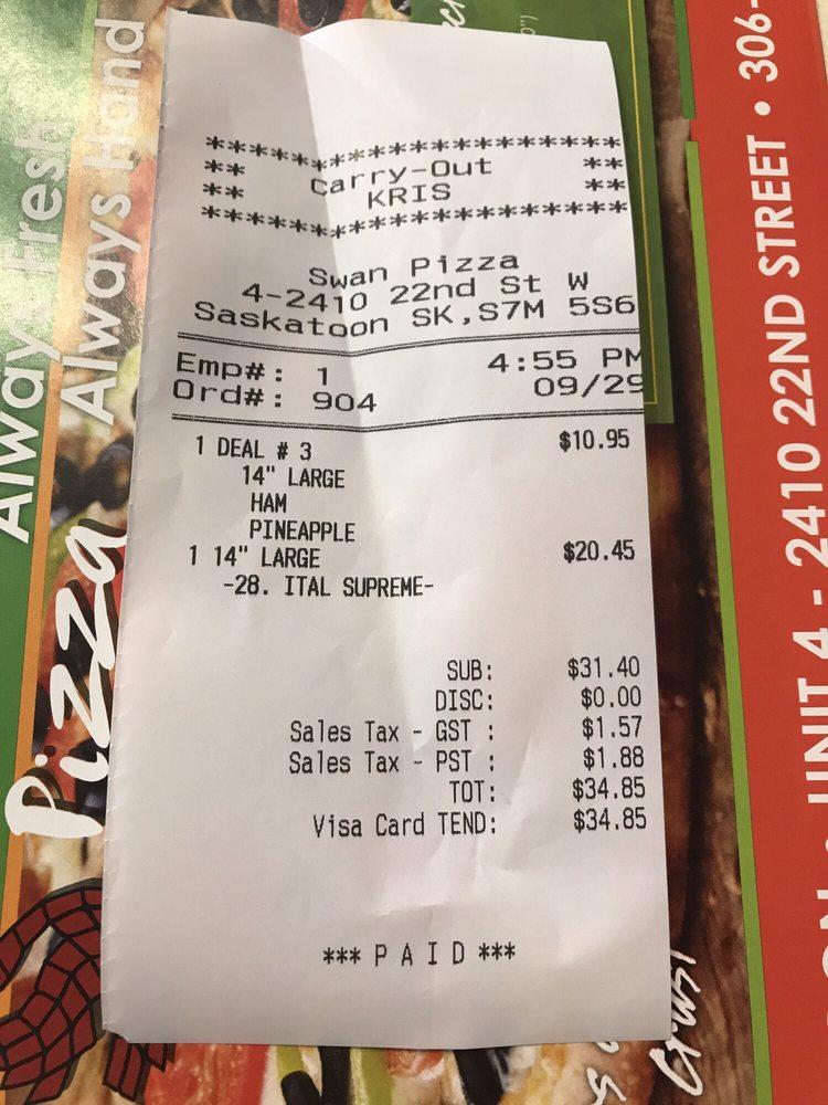 Menu at Red Swan Pizza pizzeria, Saskatoon, 22 St W