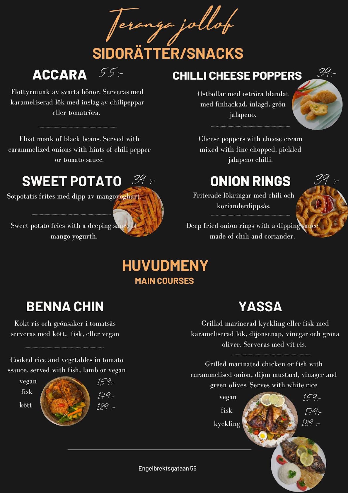 Menu at Teranga Jollof restaurant, Gothenburg