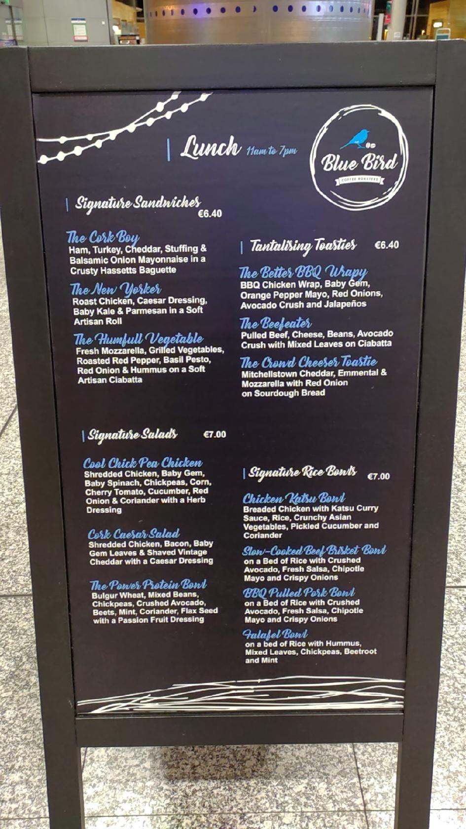 Menu at Blue Bird Coffee Roasters cafe, Cork