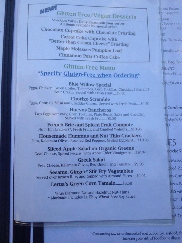 Menu at Blue Willow Restaurant & Gift Shop, Tucson, N Campbell Ave