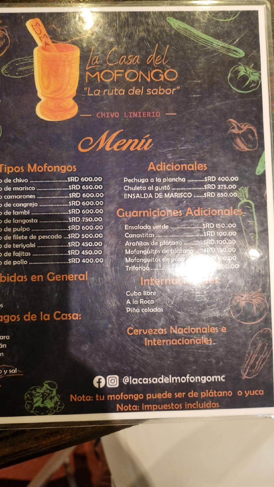 Menu at La Casa Del Mofongo Tenares restaurant, Tenares, Av Duarte 19