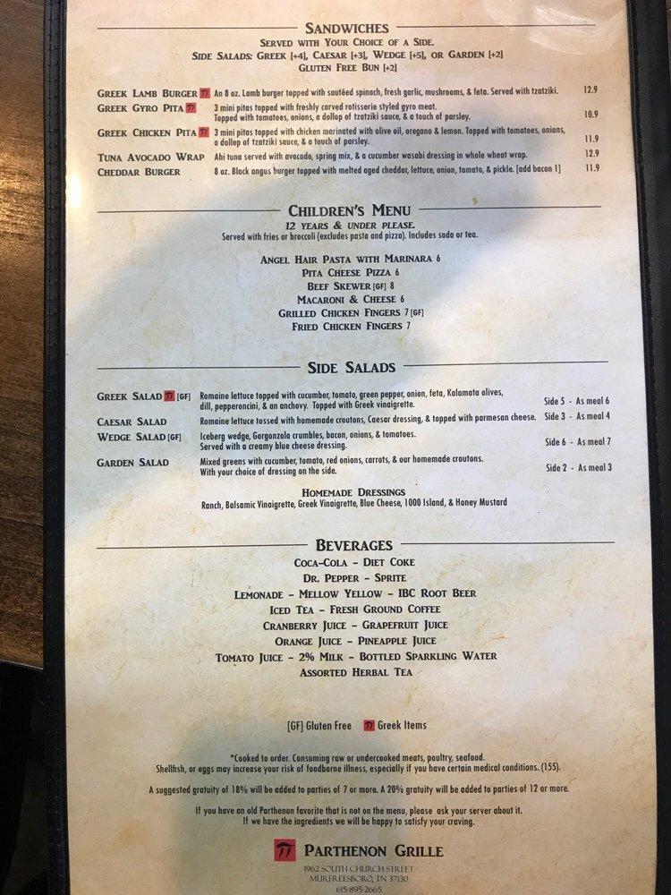 Menu at Parthenon Grille steakhouse, Murfreesboro