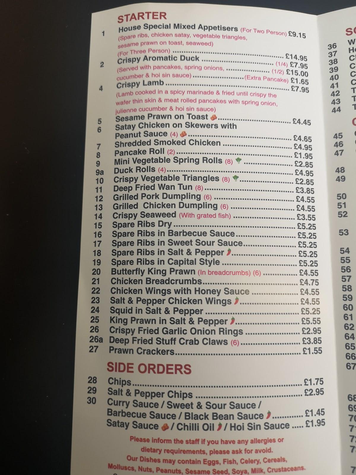 Menu at Sun Wah fast food, Northolt, 272 Church Rd