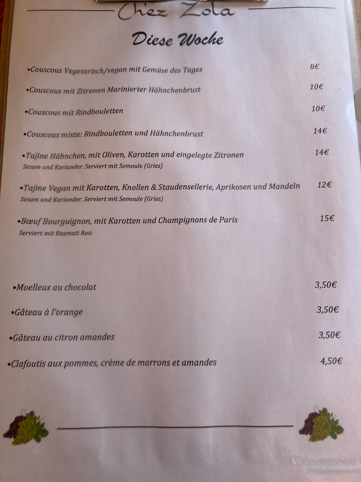 Menu at Chez Zola restaurant, Berlin