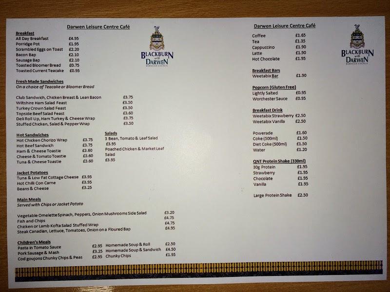 Menu at Darwen Leisure Centre restaurant, Darwen