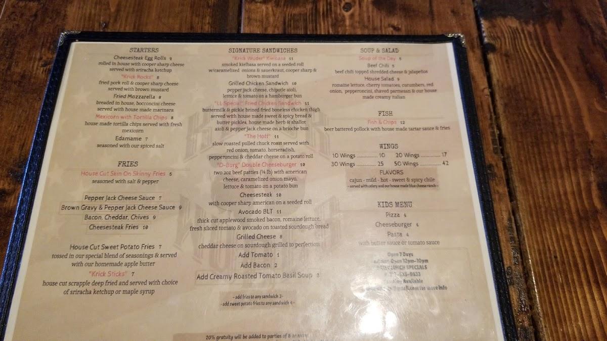 Menu at Krick Wuder Saloon and Restaurant, Philadelphia
