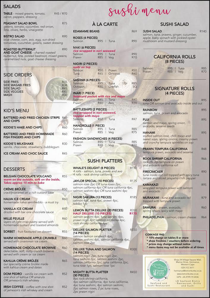 Menu at Lemonicious restaurant, Hermanus