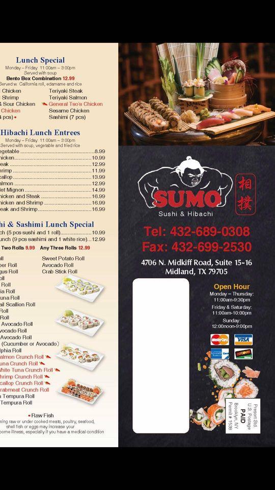 Menu at Sumo Sushi & Hibachi restaurant, Midland