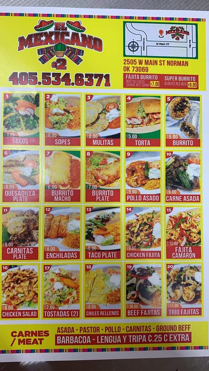 Menu at Taqueria El Mexicano restaurant, Moore