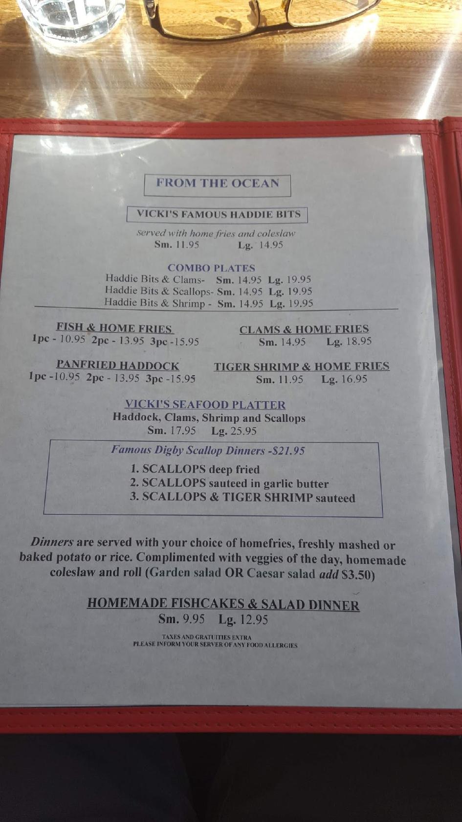 Menu at Vicki's restaurant, Coldbrook, Nova Scotia Trunk 1