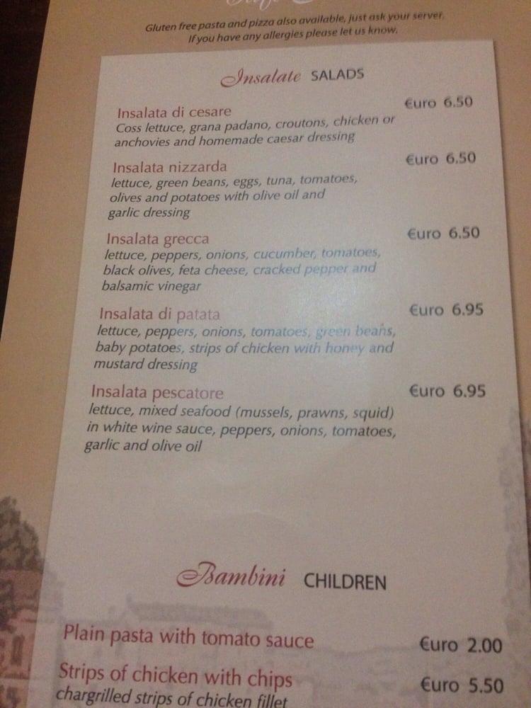 Menu at Bella Cafe, Ireland, 111 Main Street
