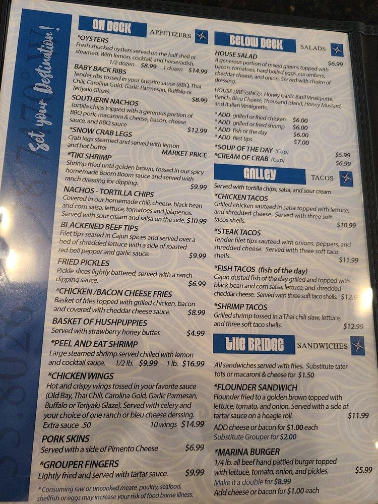 Menu at The Marina Bar and Grill at Barefoot Resort, North Myrtle Beach