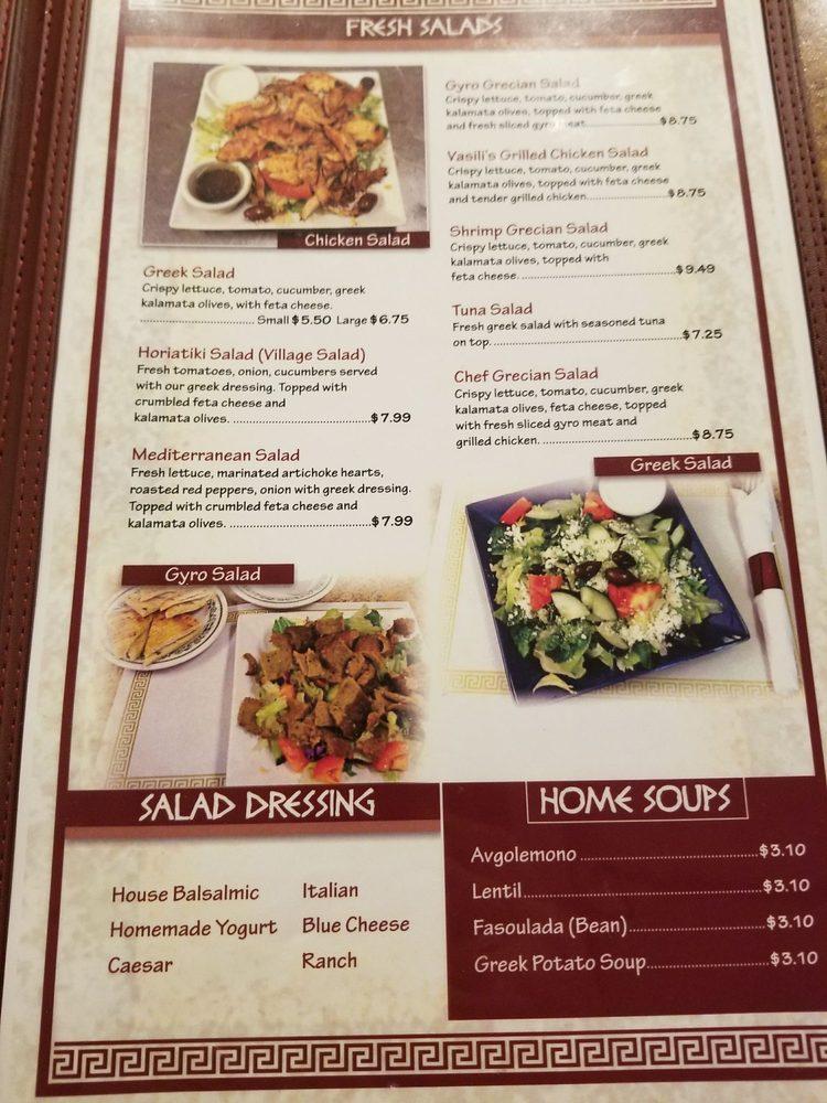 Menu at Vasili's Greek Cuisine restaurant, Akron