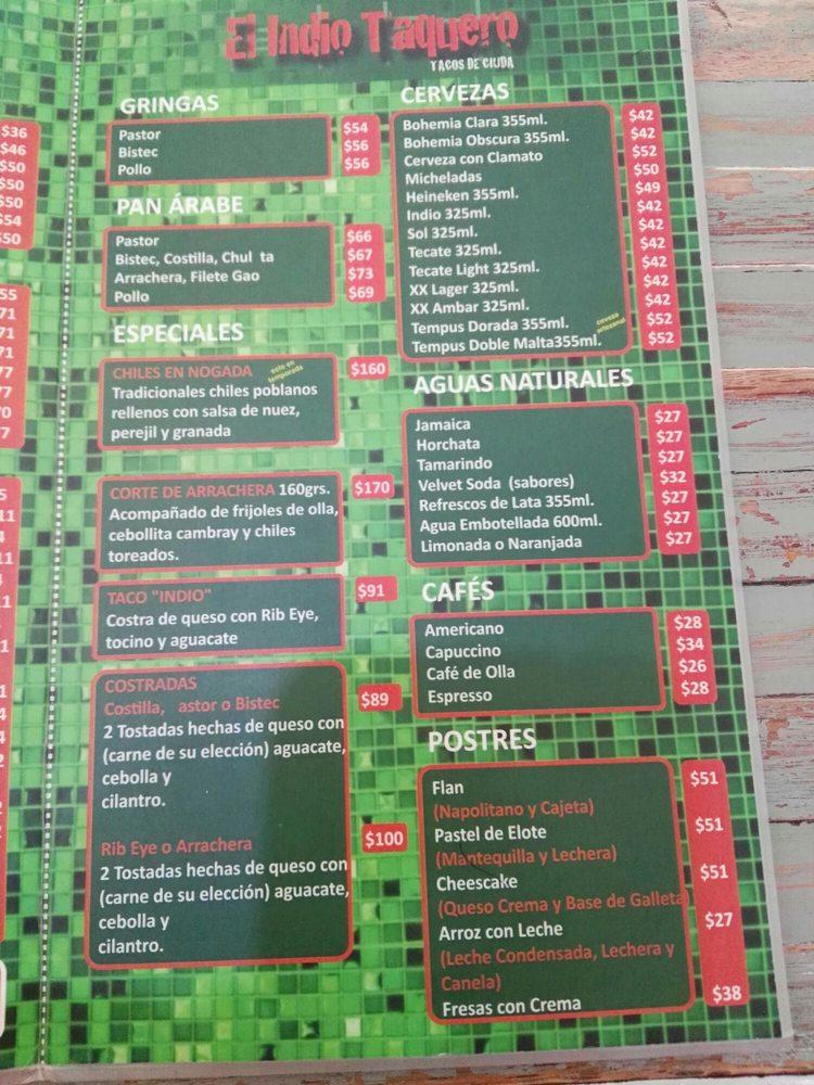 Carta del restaurante El Indio Taquero, Ciudad del México, Parroquia 201