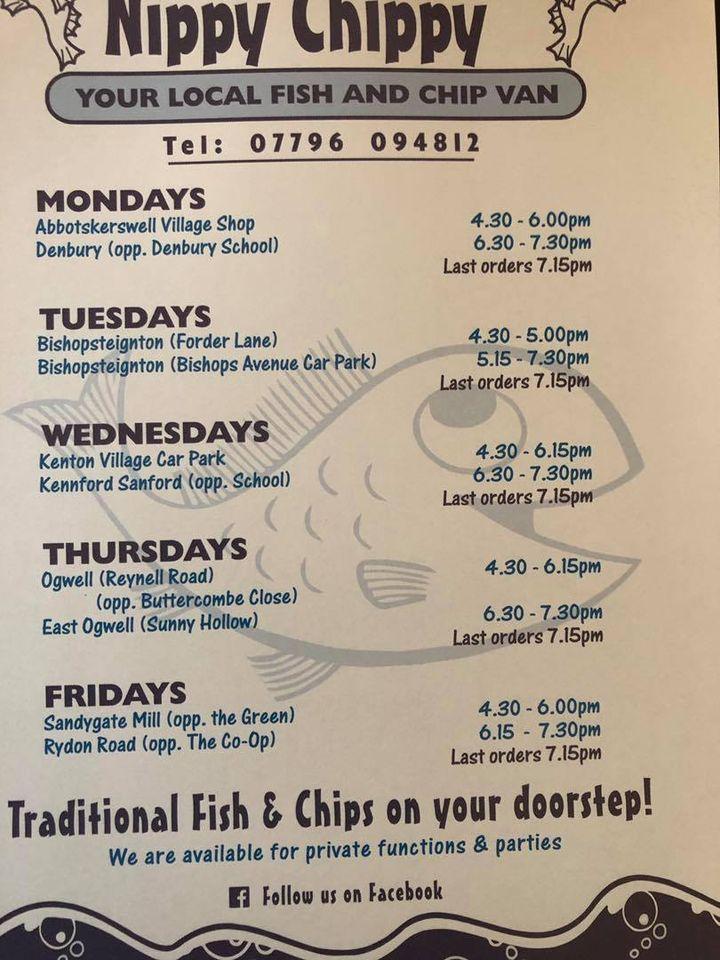 Menu at Nippy Chippy Mobile Fish and Chip van Newton Abbot restaurant ...