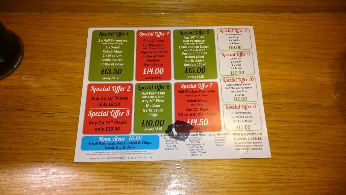 Menu at North Ormesdy Parmesan House pizzeria, Middlesbrough