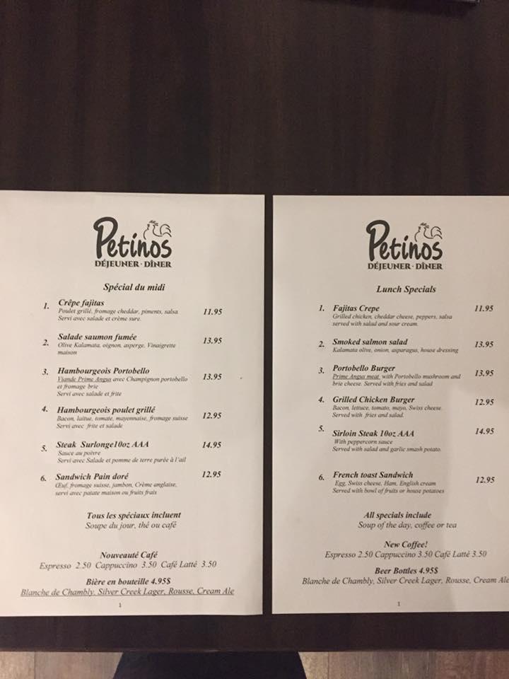 Menu at Petinos La Prairie restaurant, La Prairie