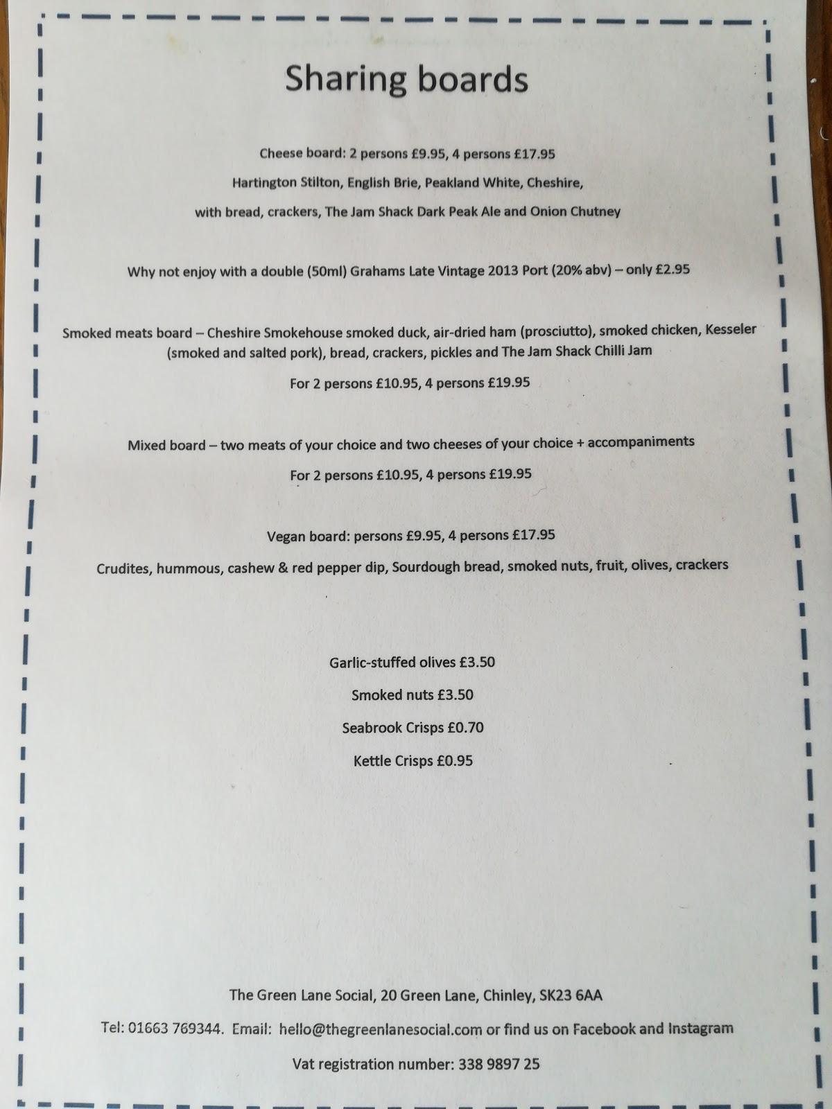 Menu at The Green Lane Social cafe, Chapel-en-le-Frith